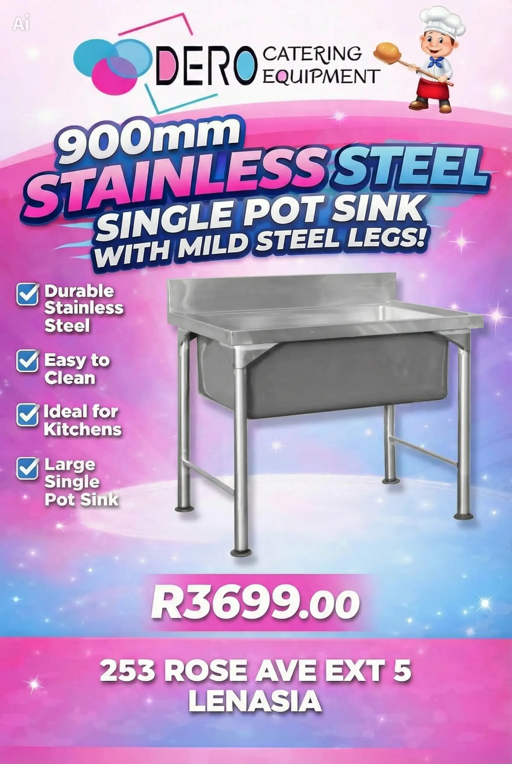 900MM Stainless Steel Industrial Single Pot Sink With Mild Steel Legs ...